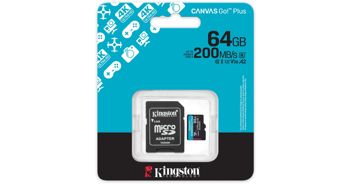 Kingston 64 GB microSDXC Canvas Go! Plus Gen4 200MB/s A2 U3 V30-kort + adapter, Hukommelseskort ...