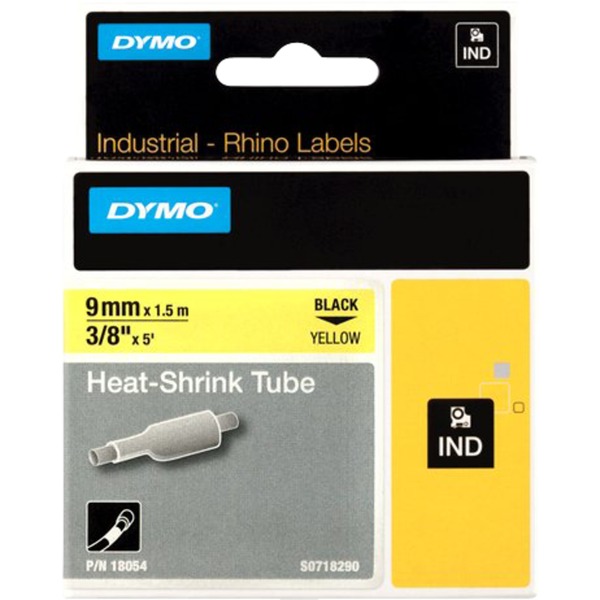 Dymo IND Krympeflex - 9mm x 1,5m, Heat shrink labels 5m, Sort på gul ...